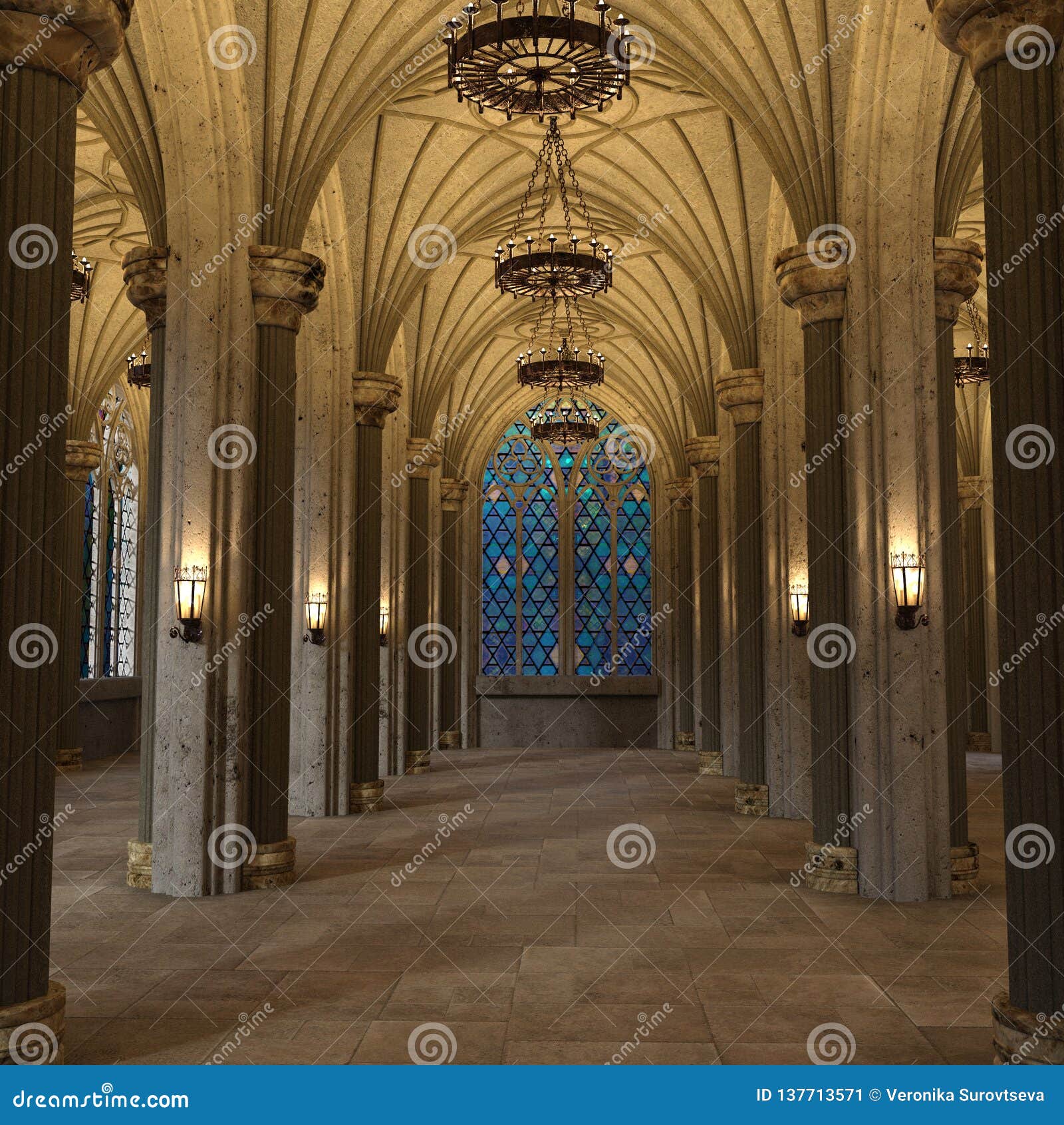 Gothic Arch Gallery Luxury Interior 3d Render Stock Illustration ...