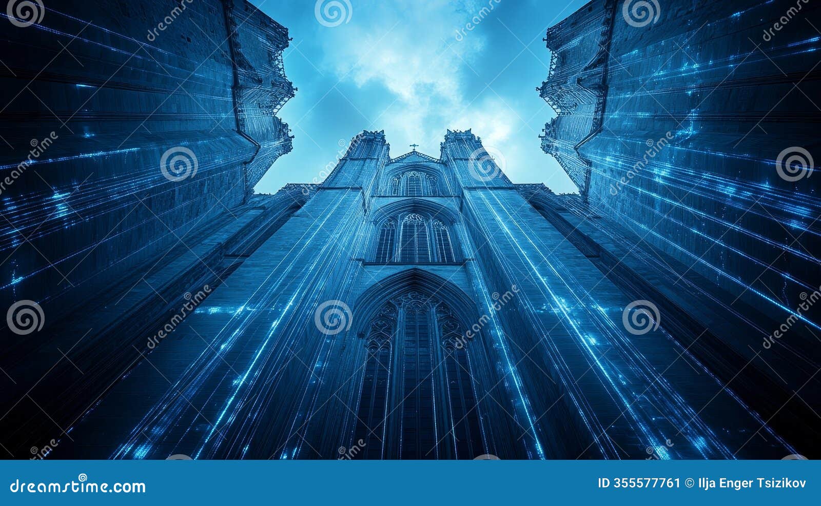Gothic Architecture Meets Modern Technology Digital Network Flowing ...