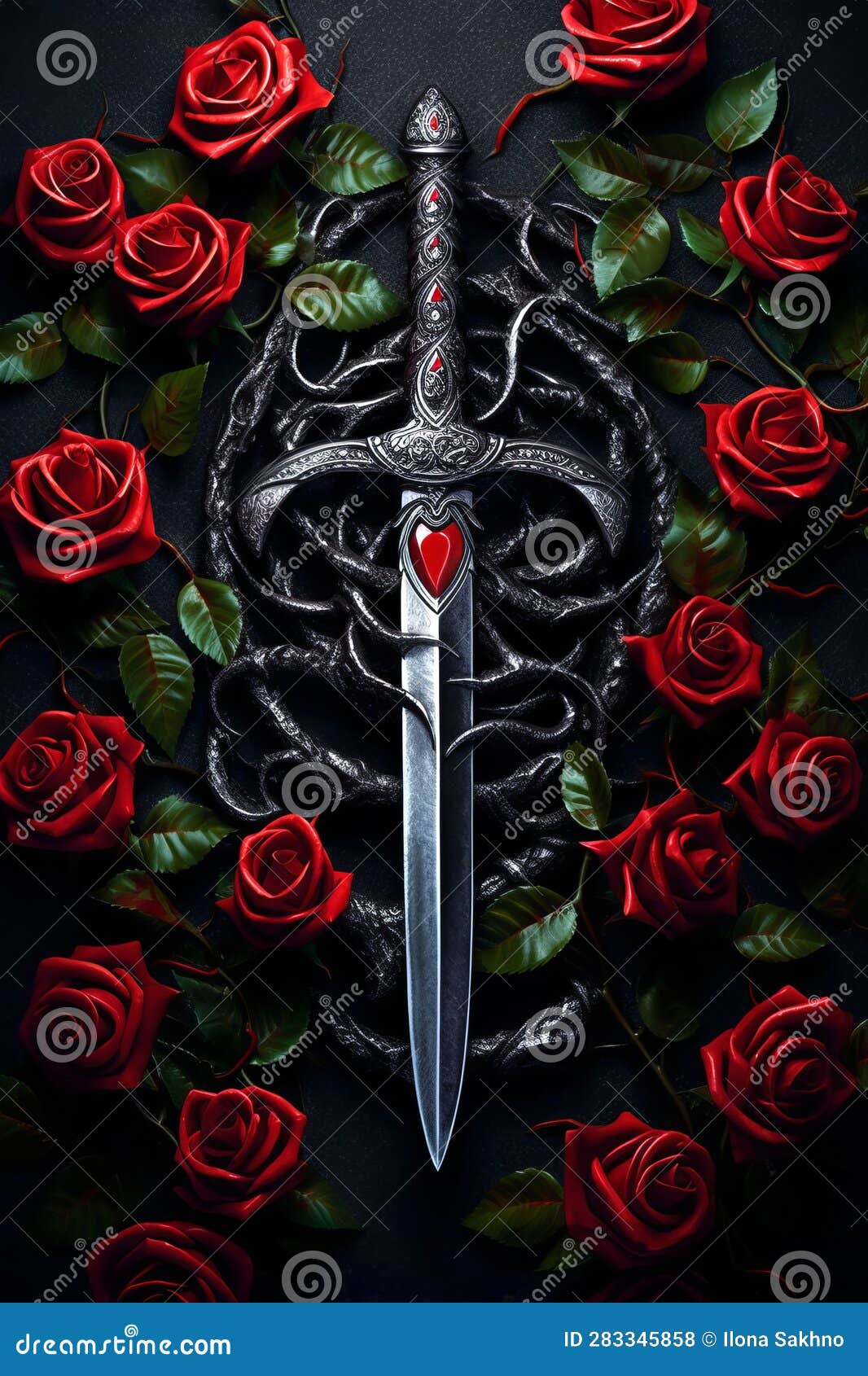 Gothic blade and red roses stock illustration. Illustration of blade ...