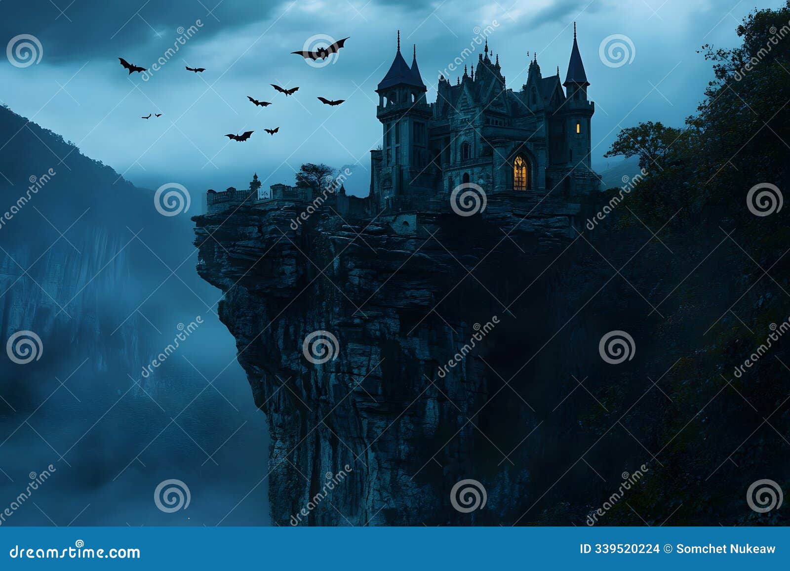 Gothic Castle on a Cliff during a Misty Night, Dramatic Scene Stock ...