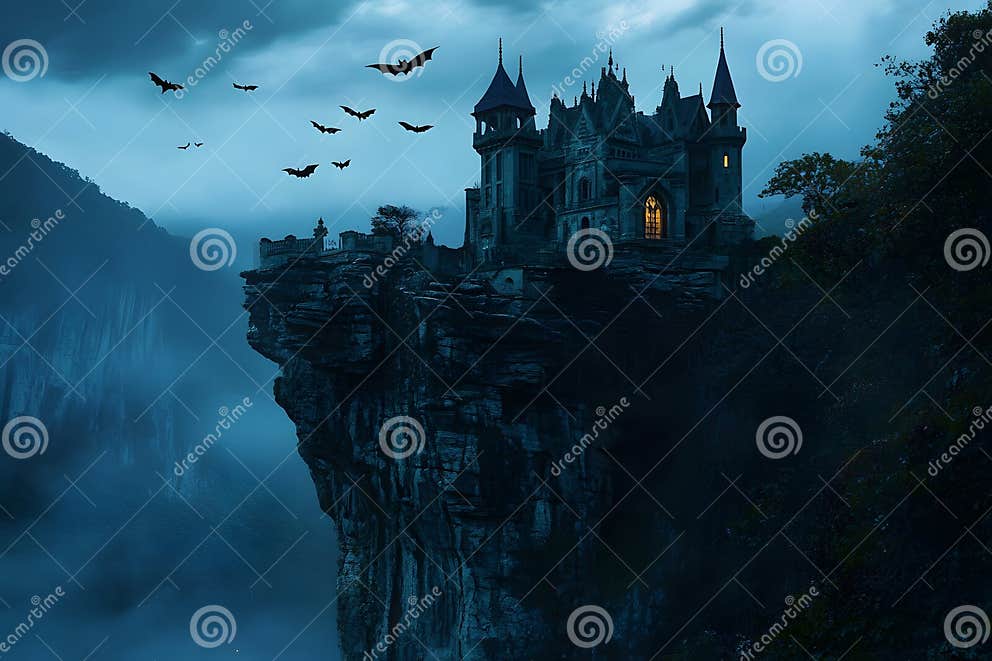 Gothic Castle on a Cliff during a Misty Night, Dramatic Scene Stock ...