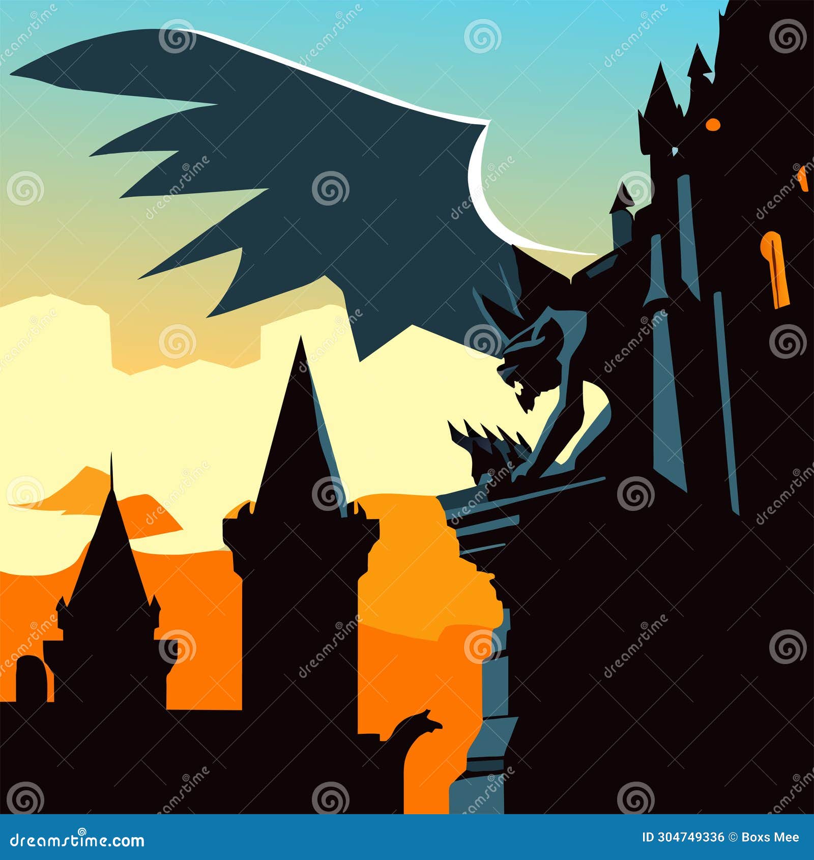 Gothic Castle with an Eagle Flying in the Sky. Vector Illustration AI ...