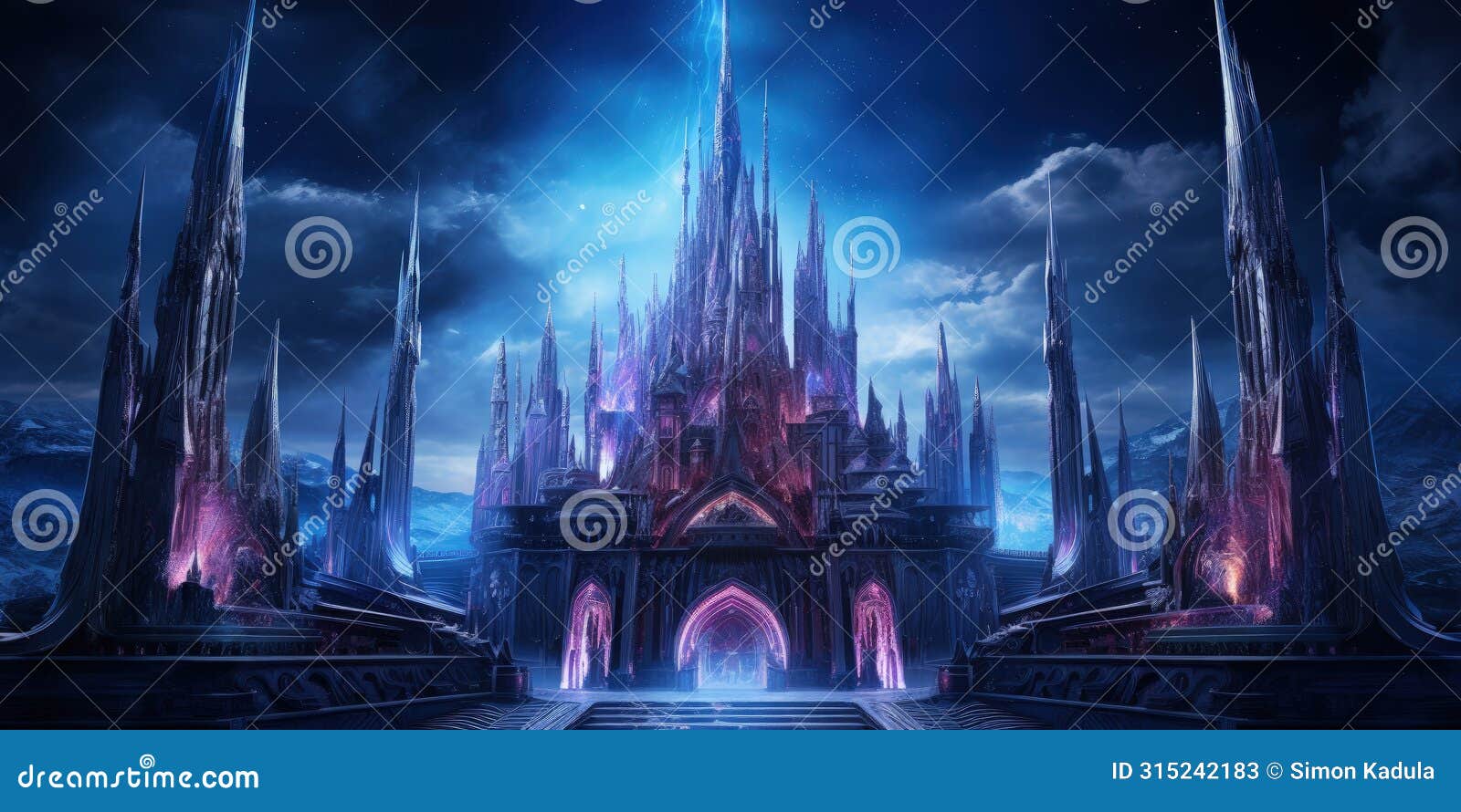 Gothic Castle in a Futuristic Setting, with Neon Lights Accentuating ...