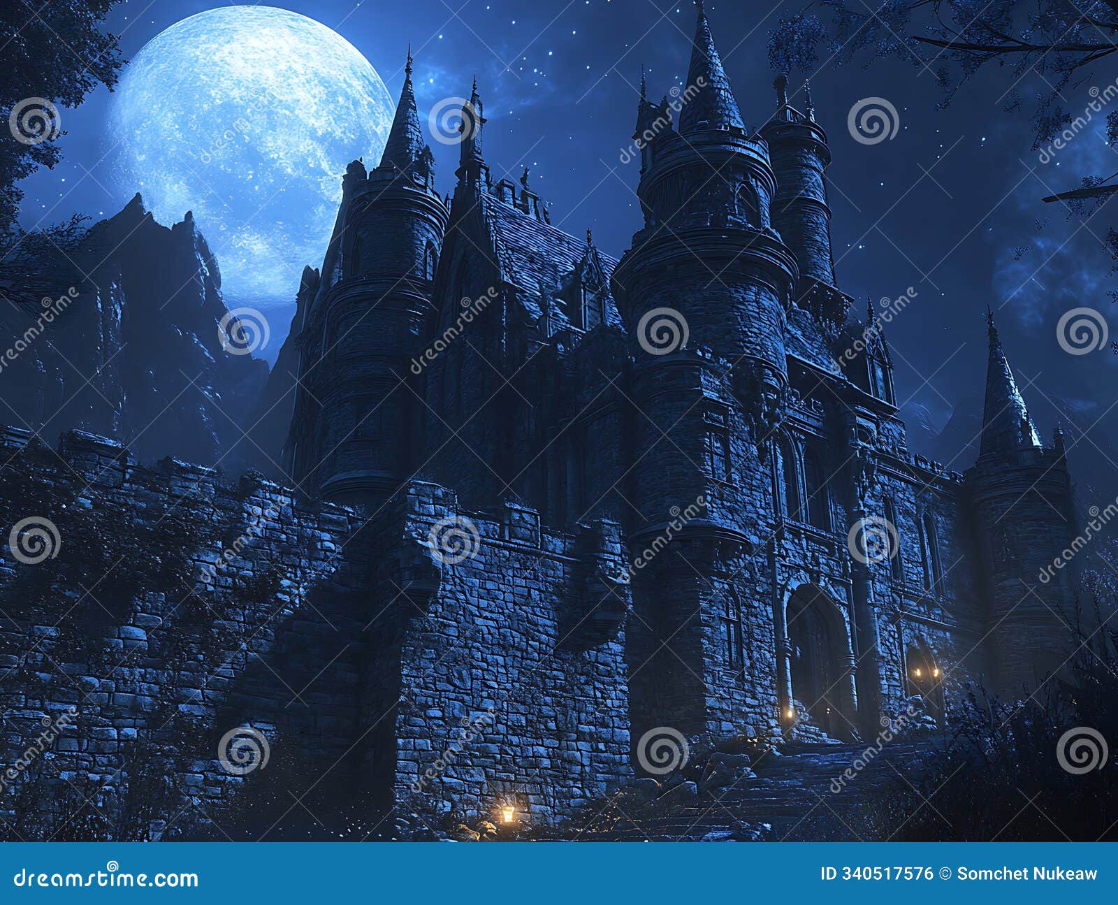 Gothic Castle Under a Full Moon, Dark Dramatic Night Scenery Stock ...
