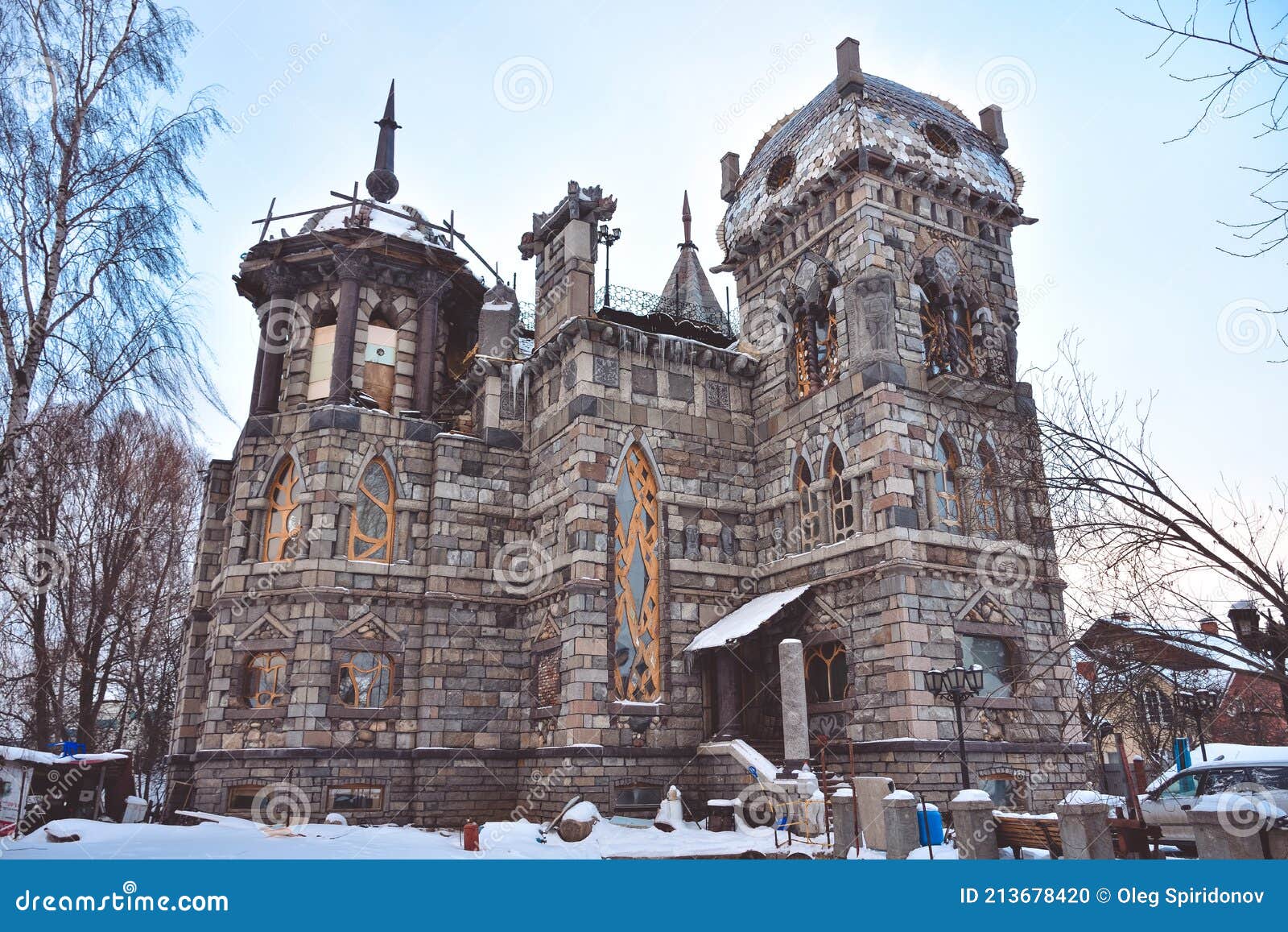 Gothic Castle in Winter, Outside View, Against the Sky, Winter Trees ...