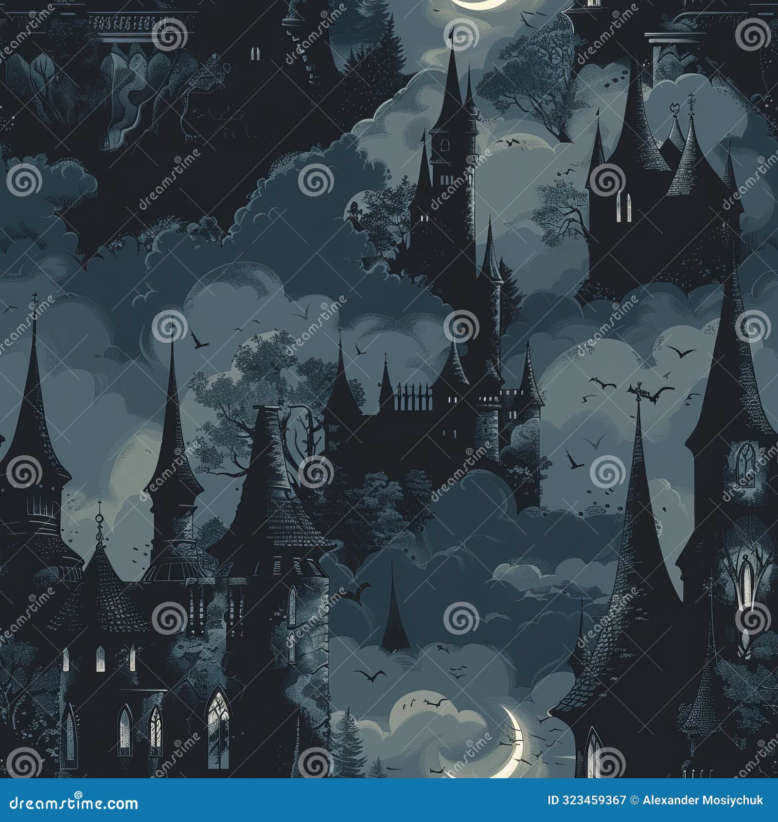 Gothic Castles in a Night Sky with Clouds and Crescent Moon. Seamless ...