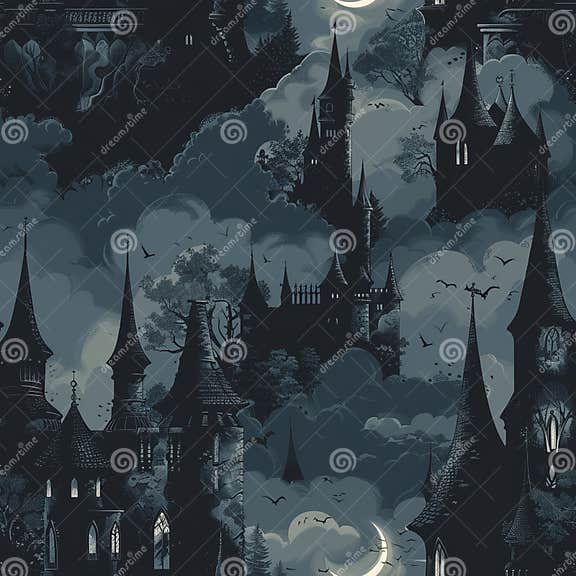 Gothic Castles in a Night Sky with Clouds and Crescent Moon. Seamless ...