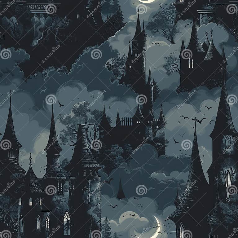 Gothic Castles in a Night Sky with Clouds and Crescent Moon. Seamless ...