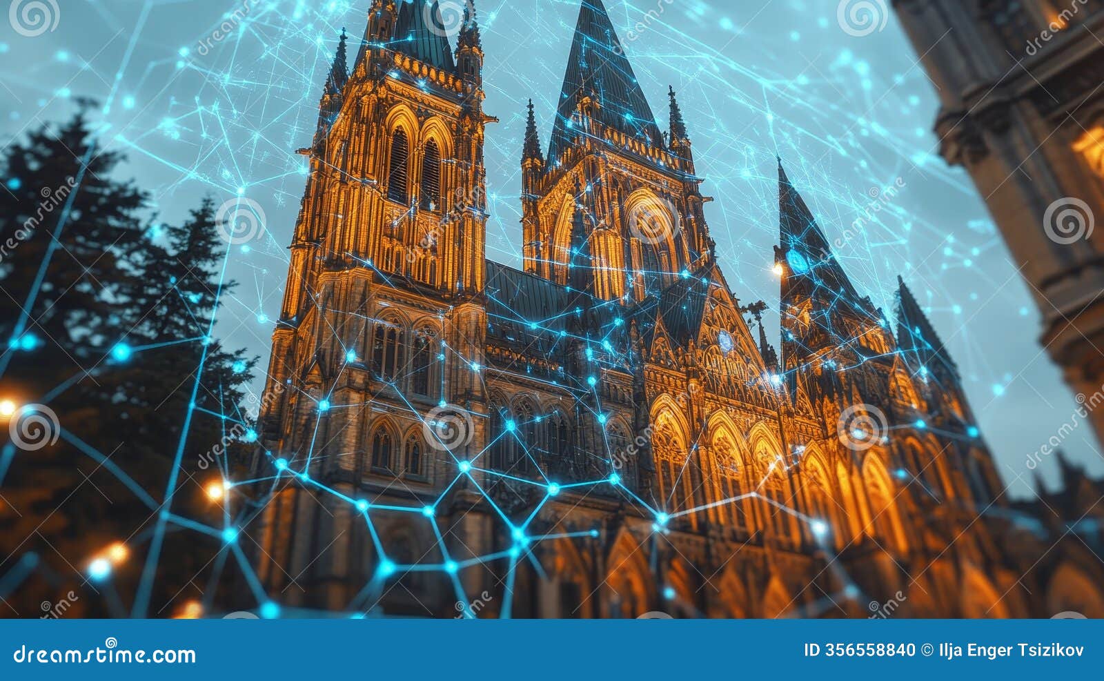 Gothic Cathedral Architecture and Network of Blue Glowing Dots, Modern ...