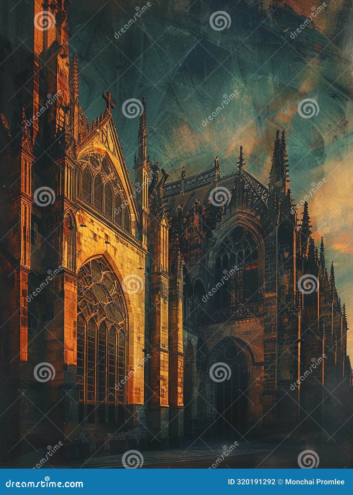 Gothic Cathedral Exterior with Flying Buttresses, Ribbed Vault Structure, Evening Light Creating ...