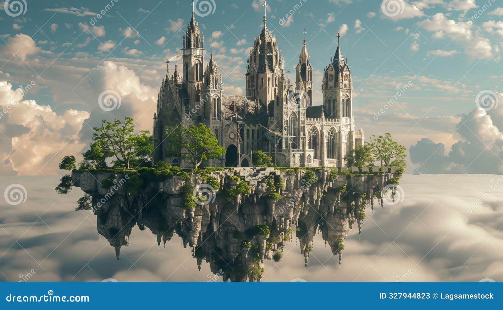 Gothic Cathedral on a Floating Island Stock Illustration - Illustration ...