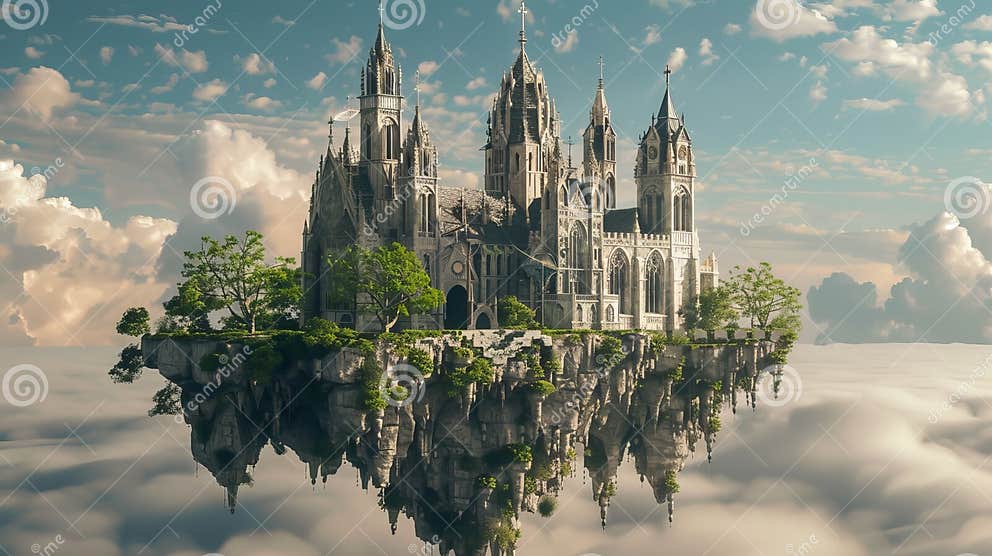Gothic Cathedral on a Floating Island Stock Illustration - Illustration ...