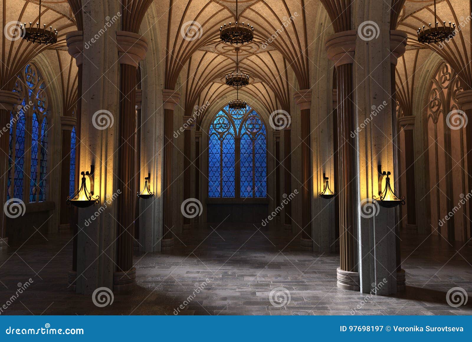 Gothic Cathedral Gallery at Night Stock Illustration - Illustration of ...