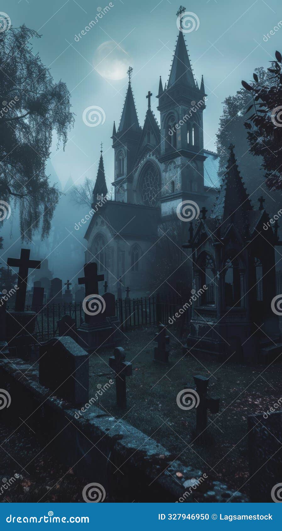 Gothic Cathedral in a Misty Moonlit Graveyard Setting Stock ...
