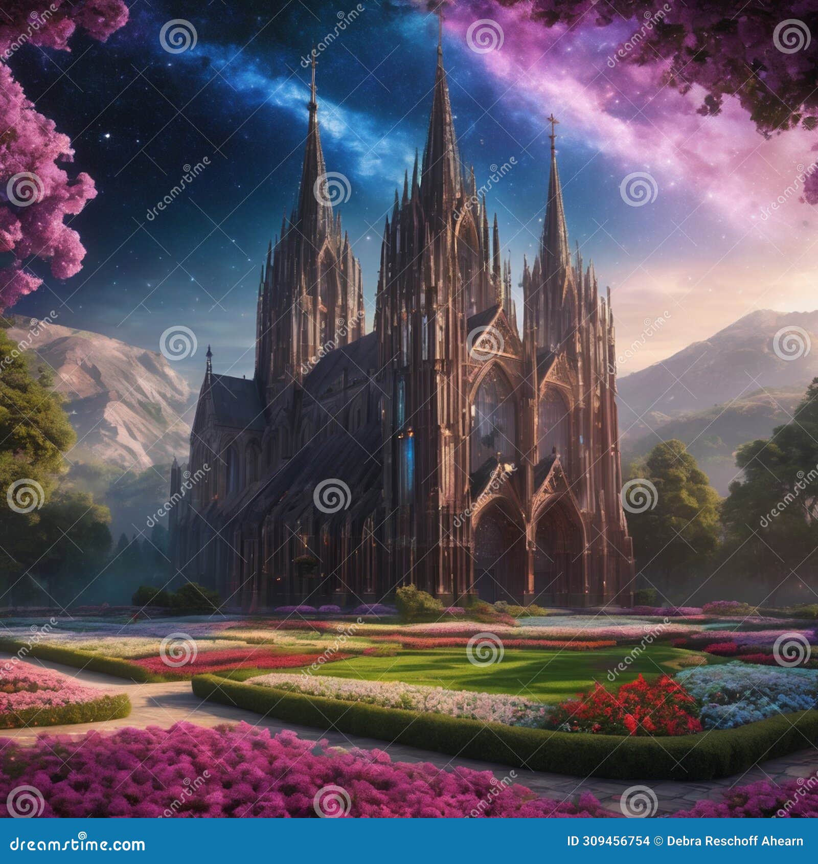 Gothic Cathedral With Pink Roses And Purple Lightning. Dark Fantasy ...