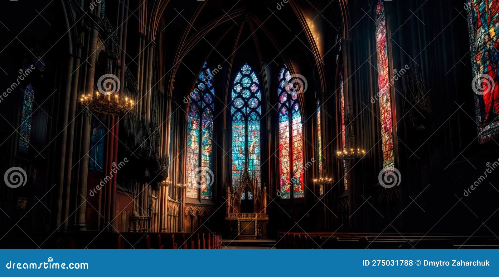 Gothic Cathedral With Stained Glass Windows And Intricate Architecture