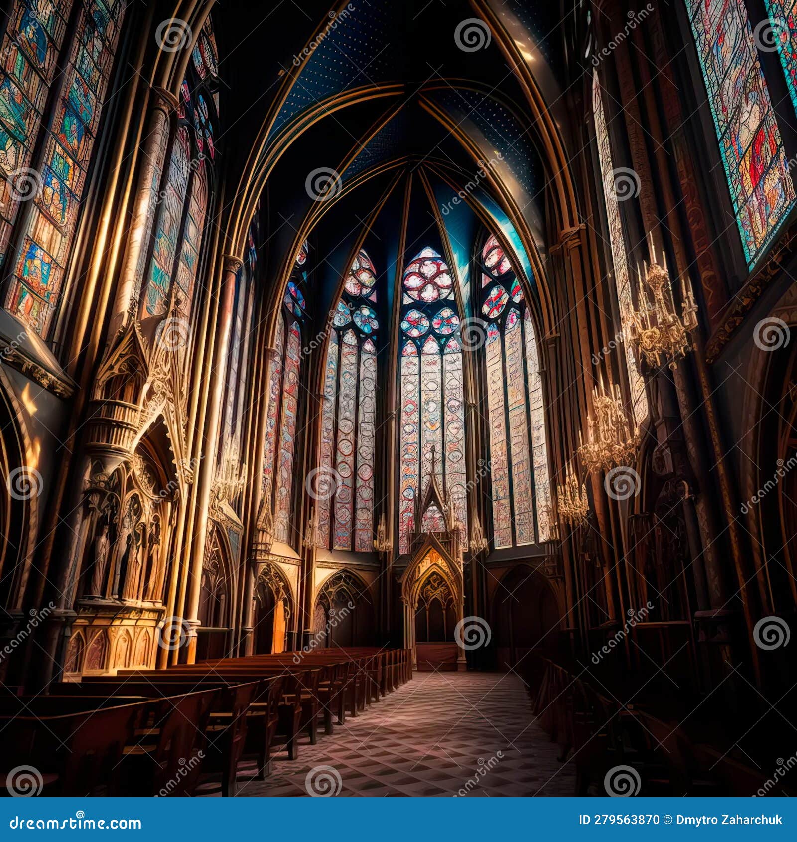 Gothic Cathedral With Stained Glass Windows And Intricate Architecture