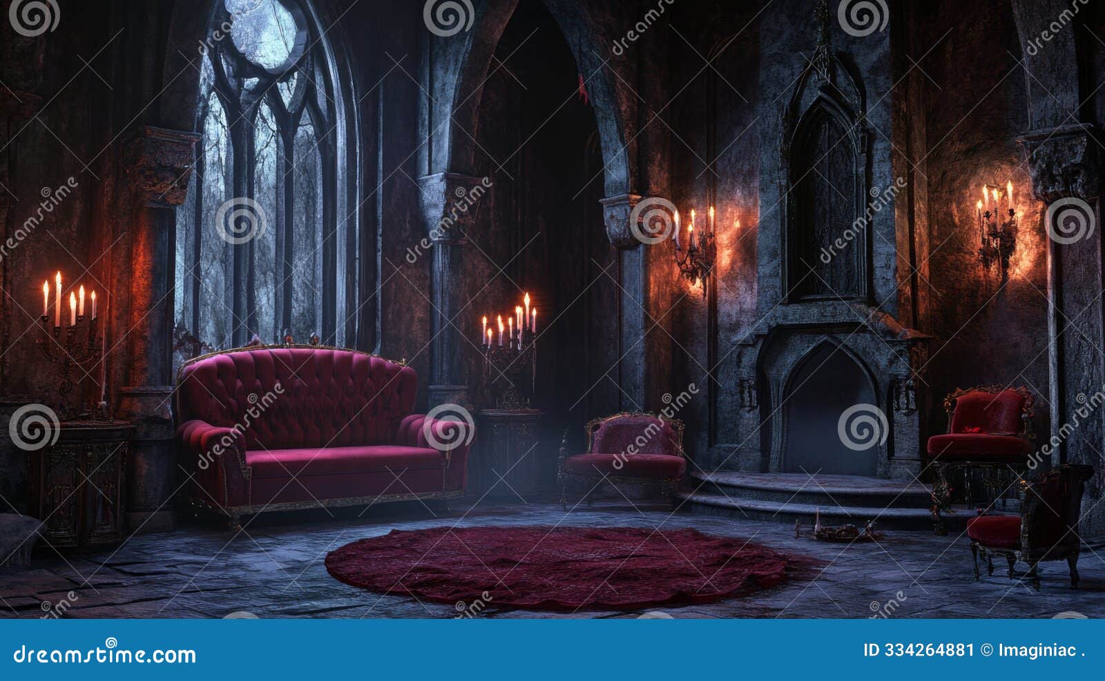 A Gothic Chamber with a Red Velvet Sofa and Candlelight Stock ...