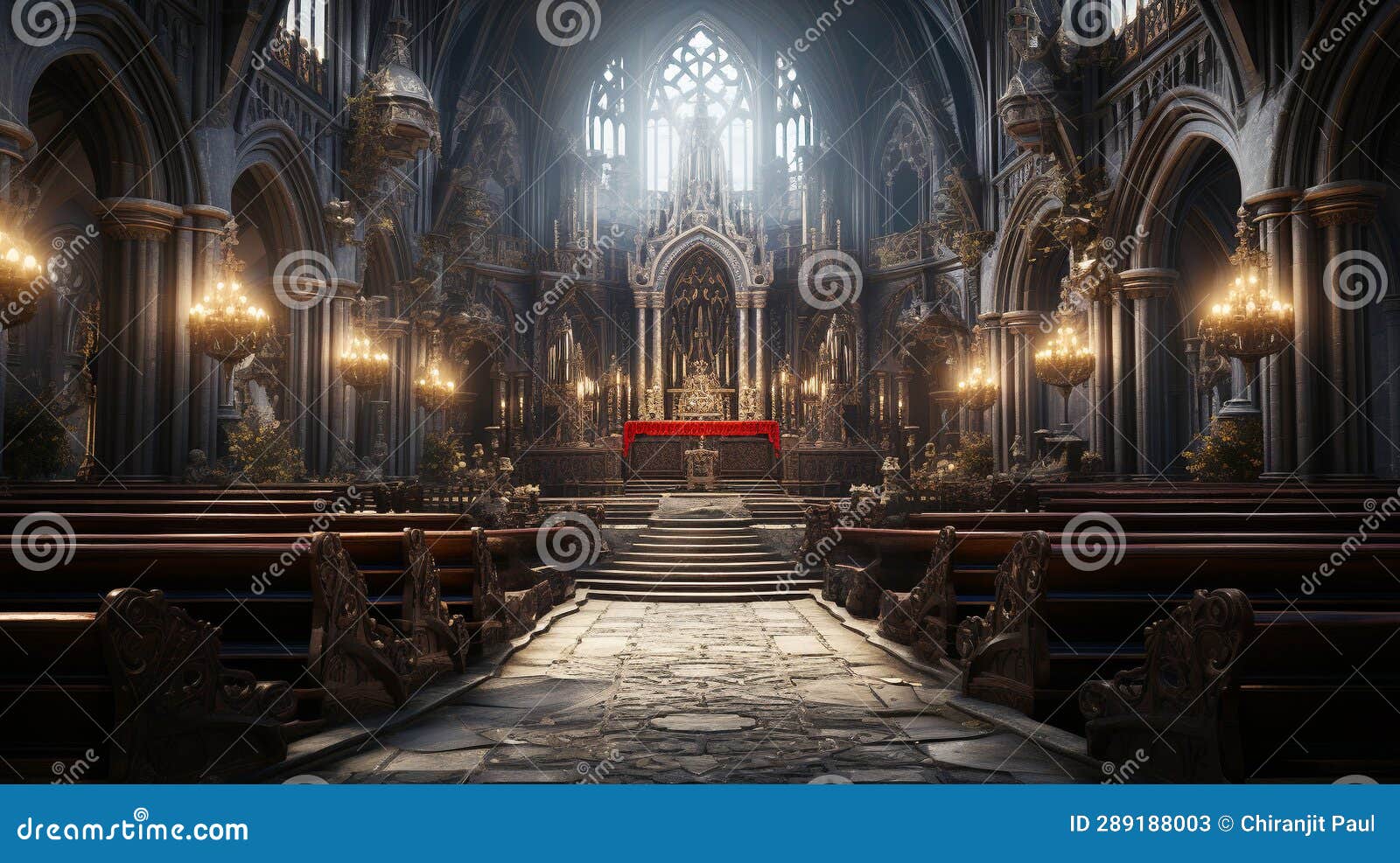 Gothic Chapel with Illuminated Altar and Pew Stock Image - Image of ...