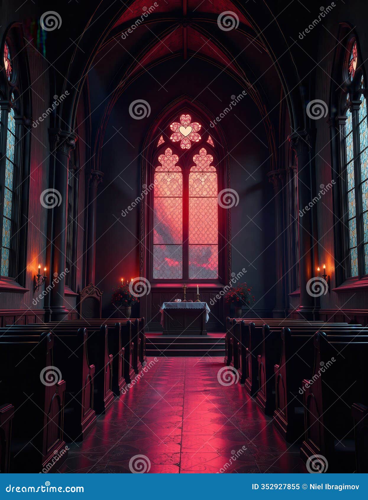 Gothic Church Interior with Dramatic Red Lighting and Stained Glass ...