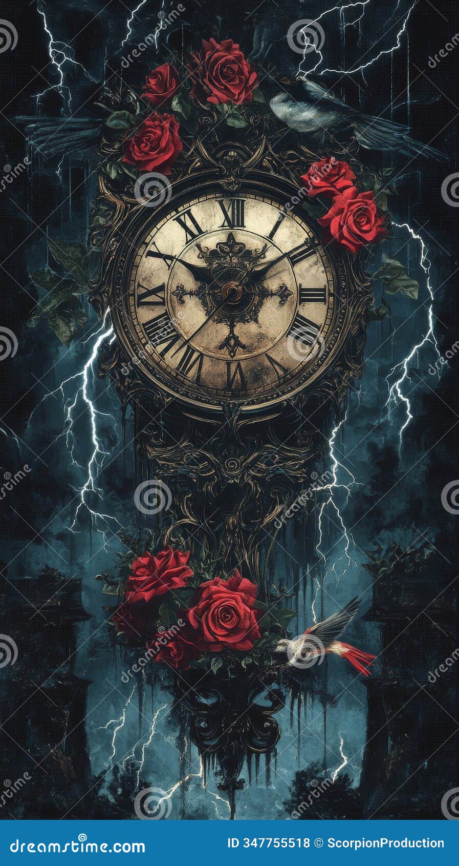 Gothic Clock with Roses and Dramatic Lightning Stock Photo - Image of ...