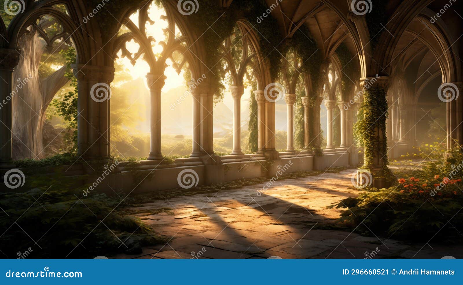 A Gothic Cloister At Sunrise With Light Streaming Through Arches Stock ...