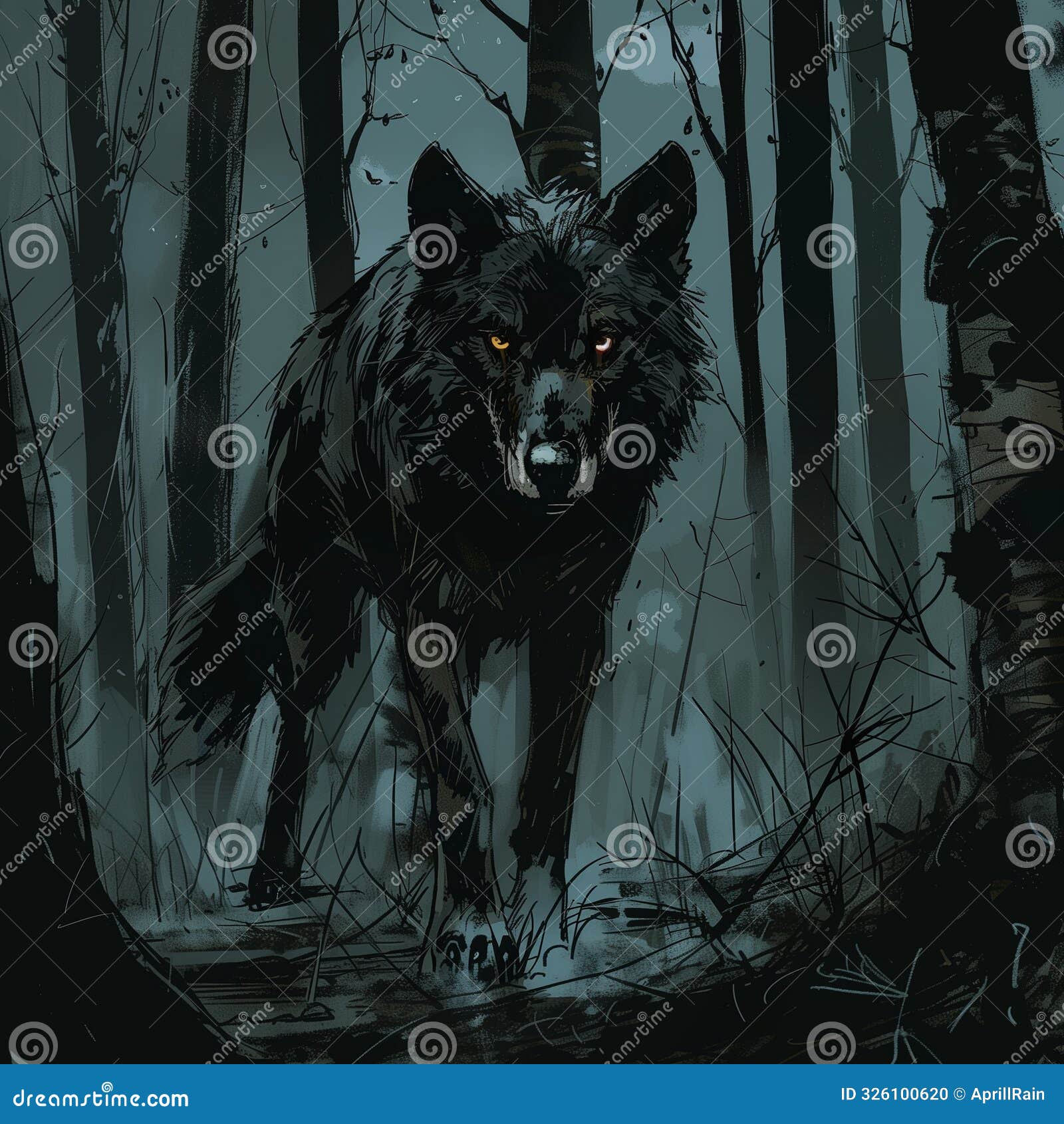 Gothic Comic - Black Wolf in the Gloomy Forest Stock Photo - Image of ...