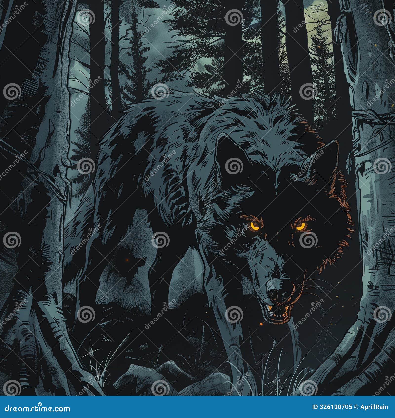 Gothic Comic - Black Wolf in the Gloomy Forest Stock Image - Image of ...