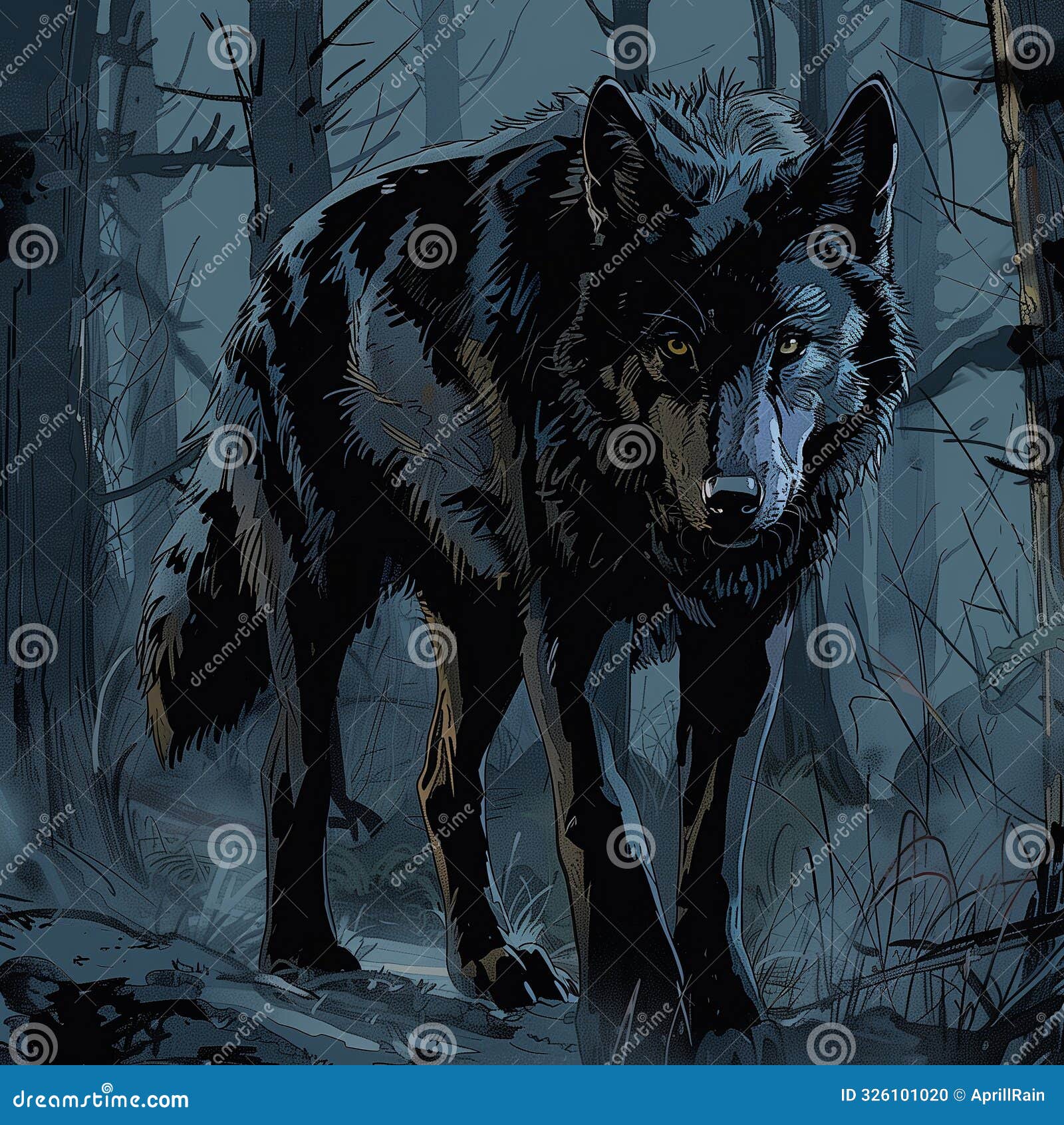 Gothic Comic - Black Wolf in the Gloomy Forest Stock Photo - Image of ...