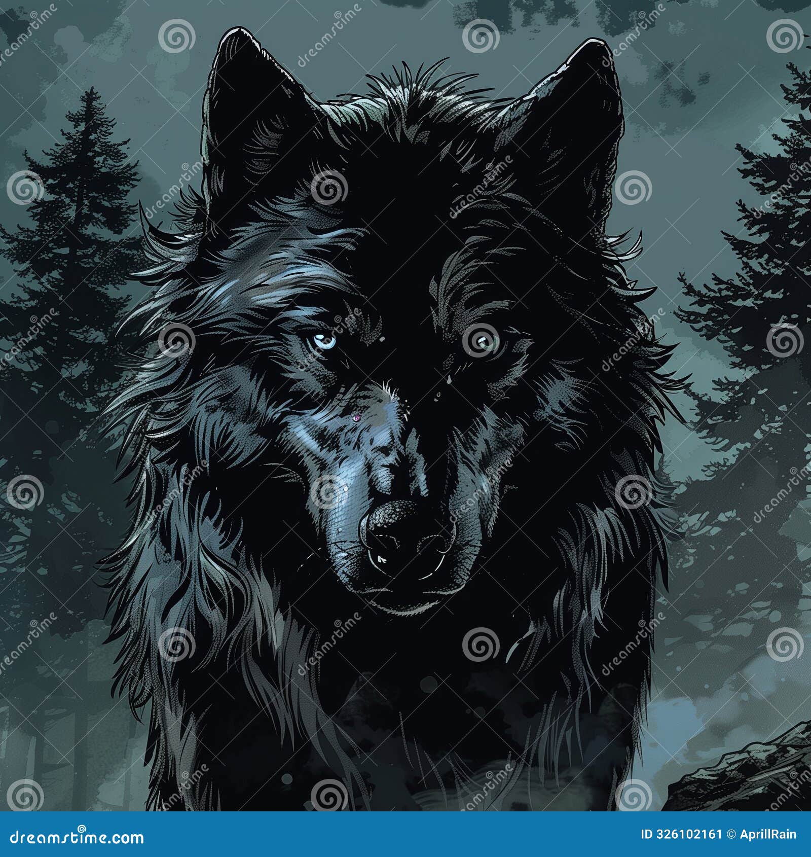 Gothic Comic - Black Wolf in the Gloomy Forest Stock Image - Image of ...