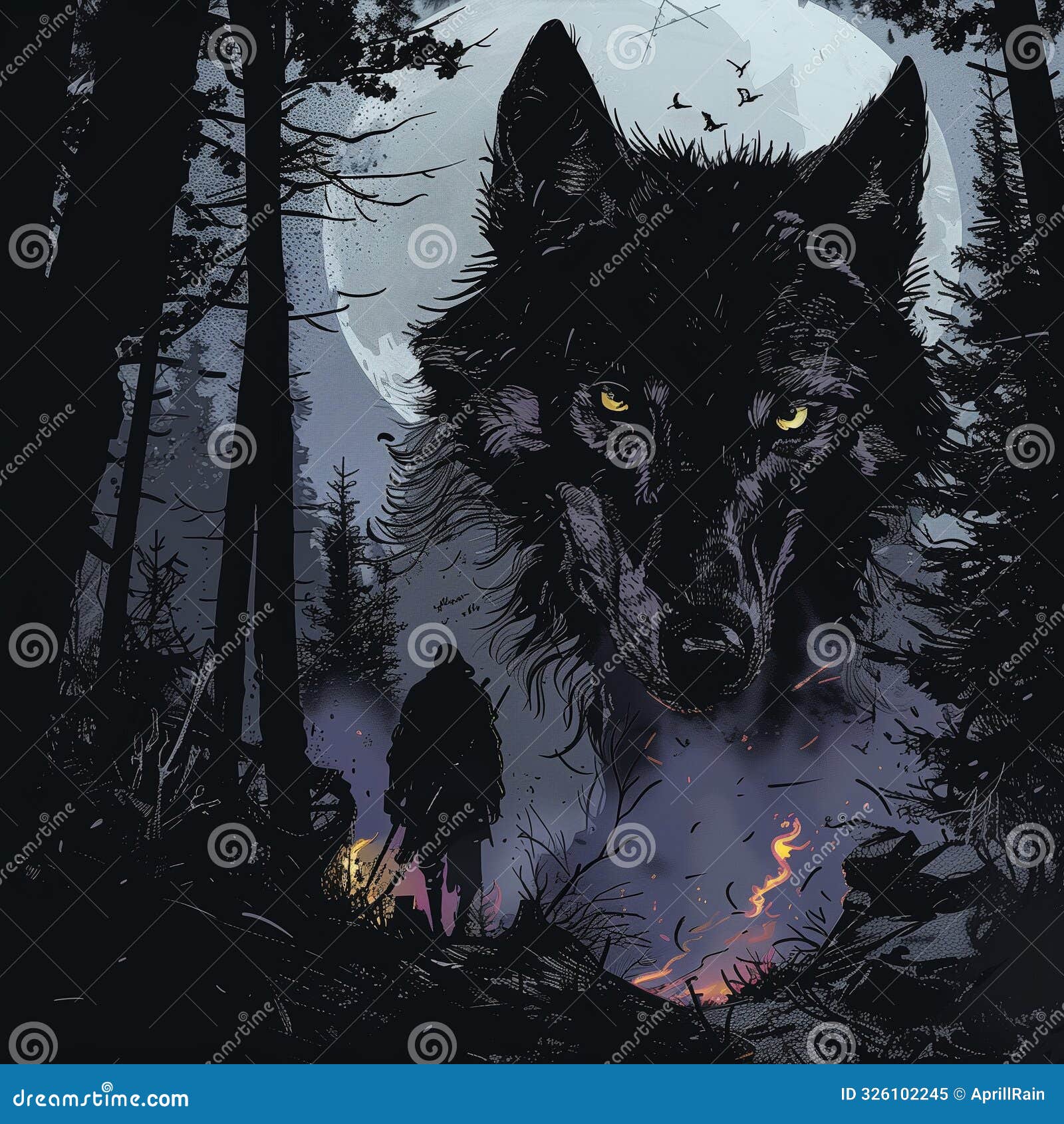 Gothic Comic - Black Wolf in the Gloomy Forest Stock Image - Image of ...