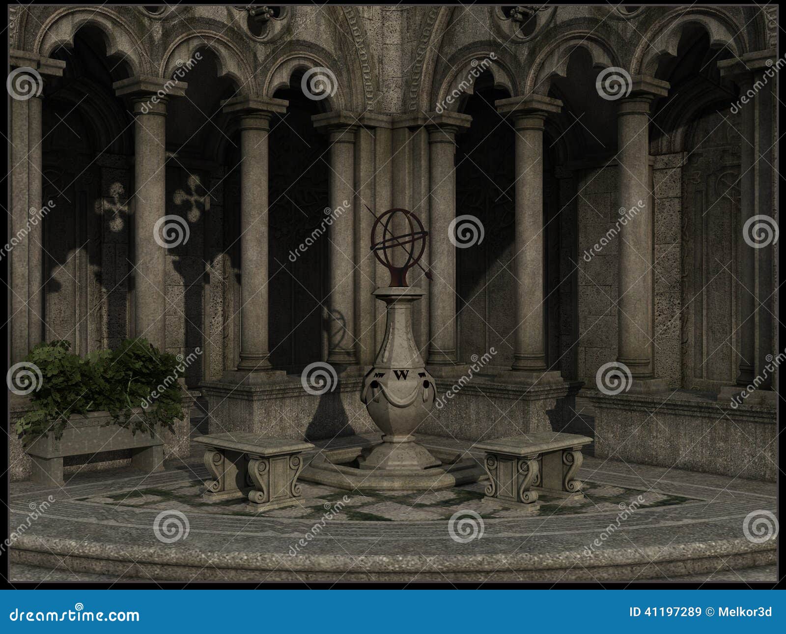 Gothic Courtyard With Stone Arch And Fountain With Steps In Front And ...