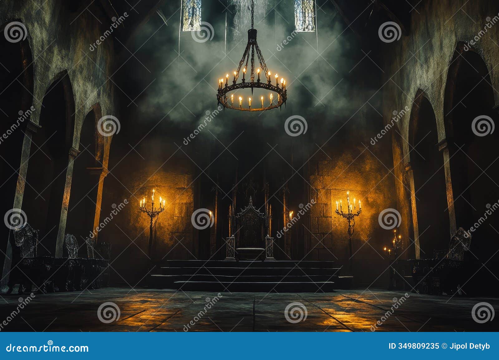 Gothic Dark Fantasy Castle Hall with Throne and Torches. Stock Image ...