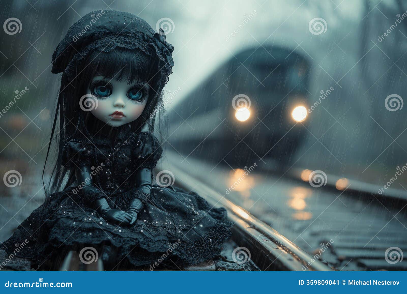 Gothic Doll Sits on Railroad Tracks As a Train Approaches in the Rain ...