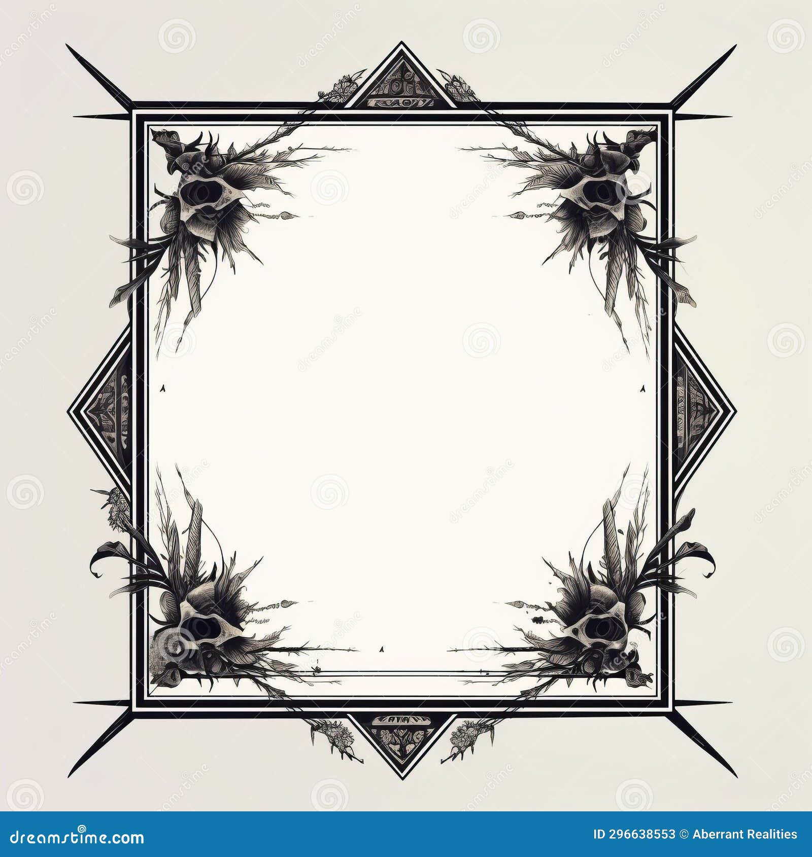 Gothic Frame with Skulls and Flowers on a White Background Stock ...