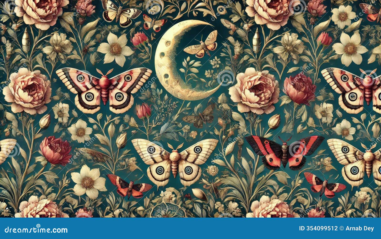 Gothic Garden Pattern with Butterflies, Moths, Flowers, Crescent Moon ...