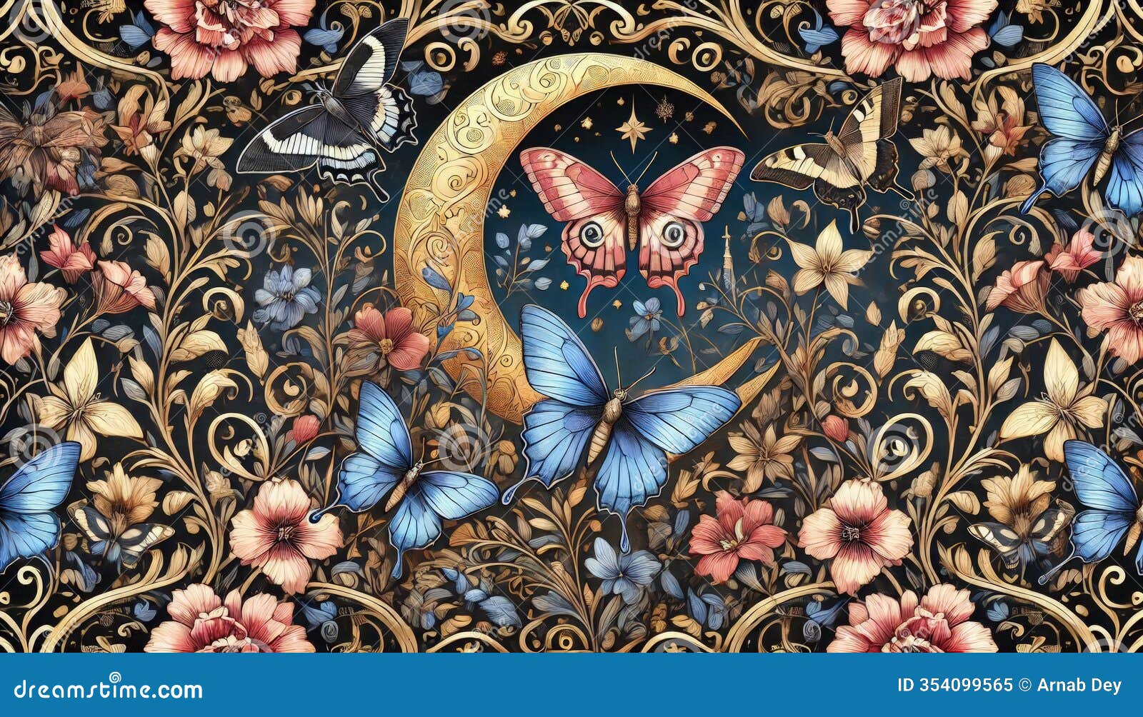 Gothic Garden Pattern with Butterflies, Moths, Flowers, Crescent Moon ...
