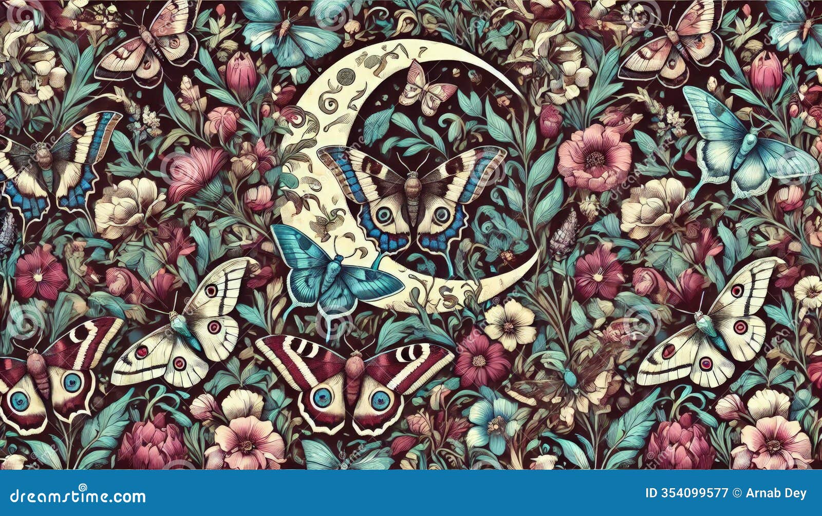 Gothic Garden Pattern with Butterflies, Moths, Flowers, Crescent Moon ...