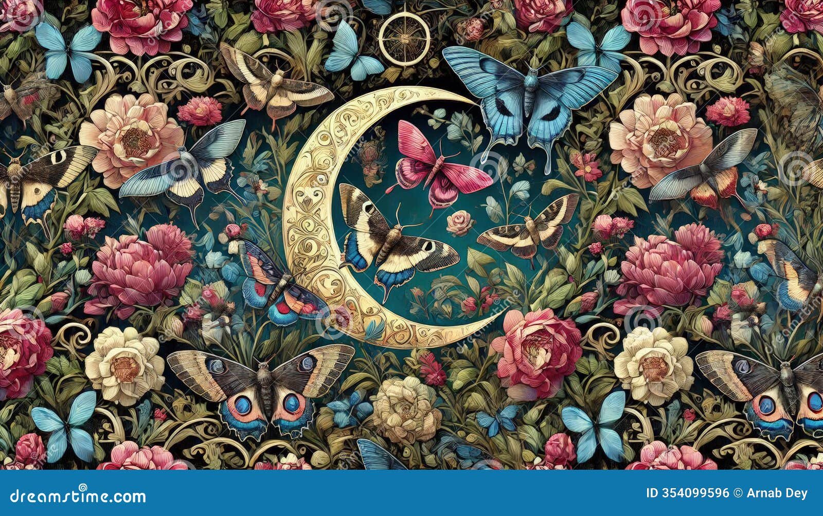 Gothic Garden Pattern with Butterflies, Moths, Flowers, Crescent Moon ...