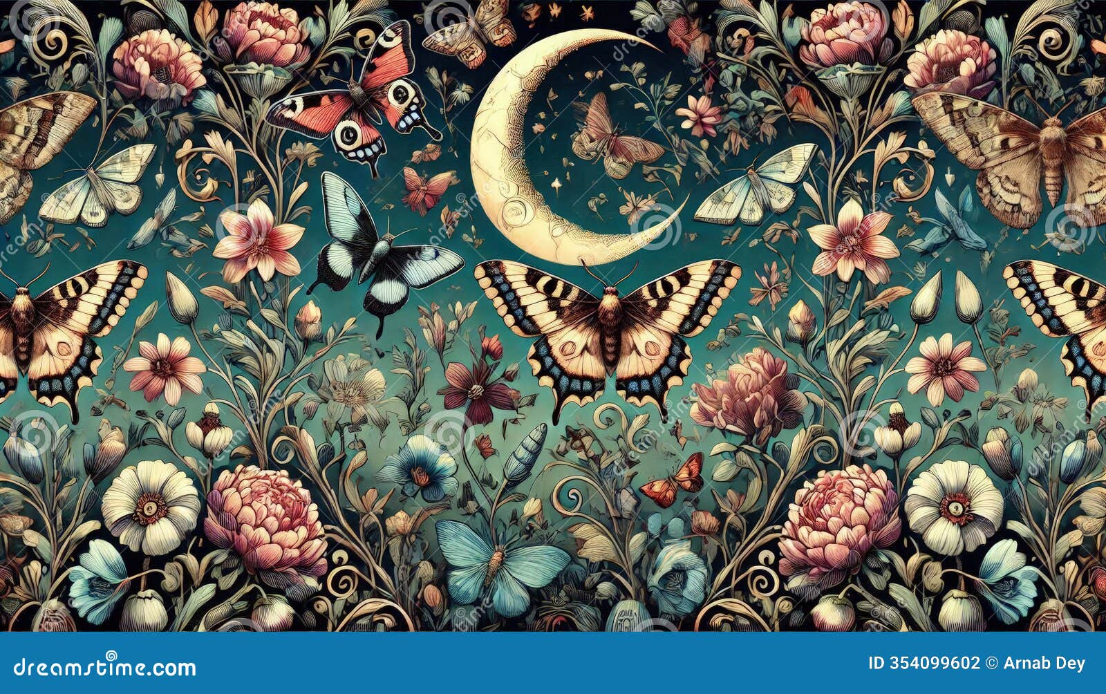 Gothic Garden Pattern with Butterflies, Moths, Flowers, Crescent Moon ...
