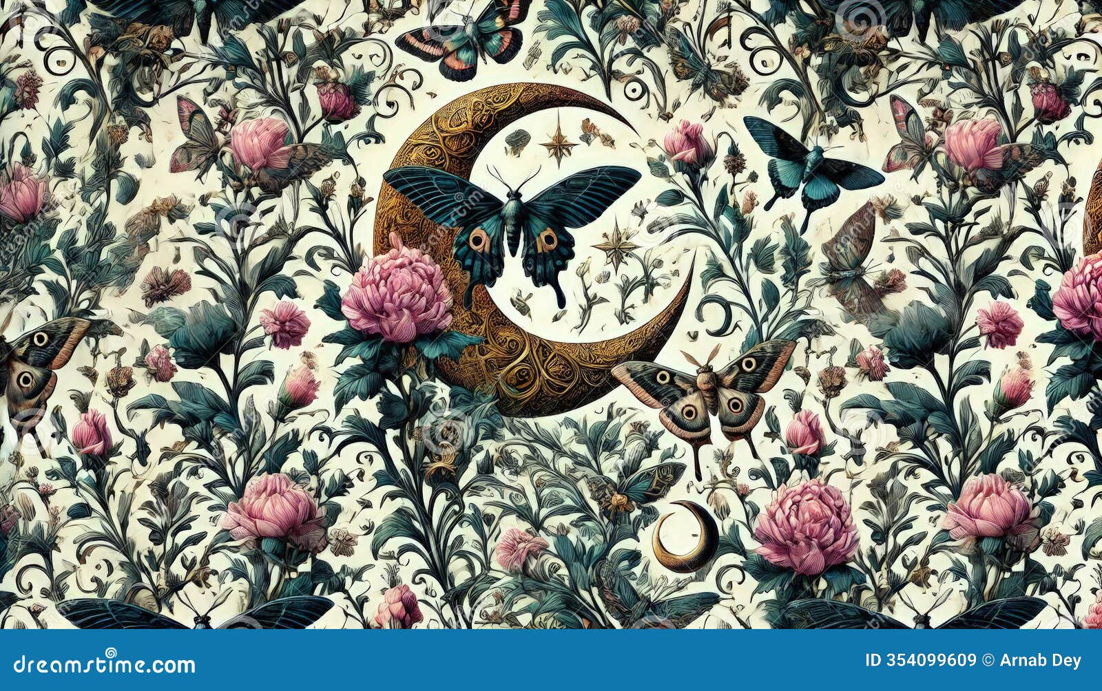 Gothic Garden Pattern with Butterflies, Moths, Flowers, Crescent Moon ...