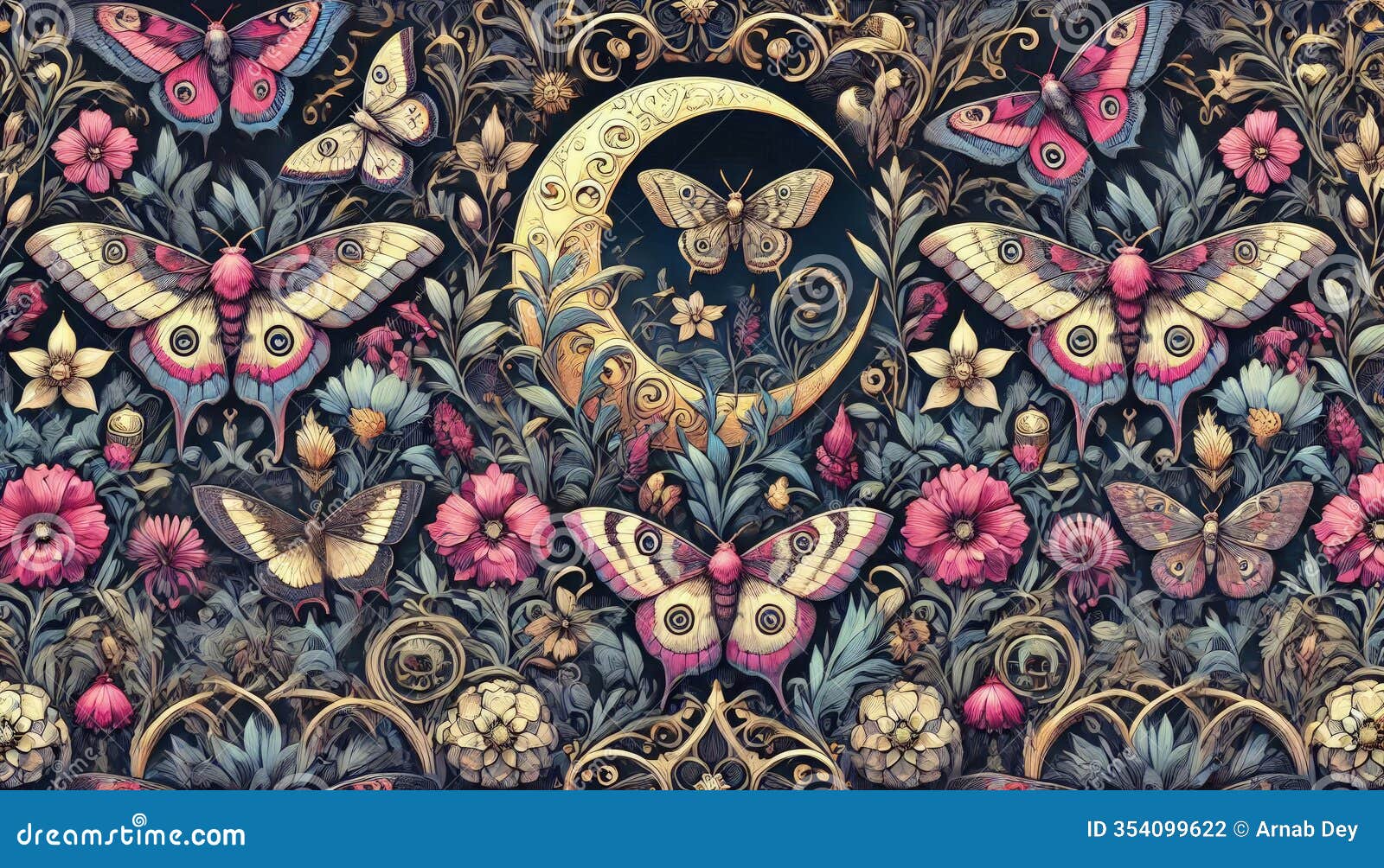Gothic Garden Pattern with Butterflies, Moths, Flowers, Crescent Moon ...