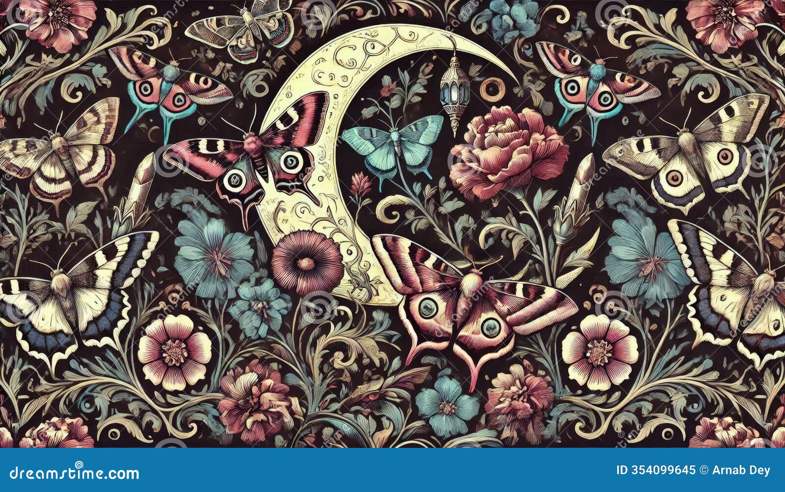 Gothic Garden Pattern with Butterflies, Moths, Flowers, Crescent Moon ...