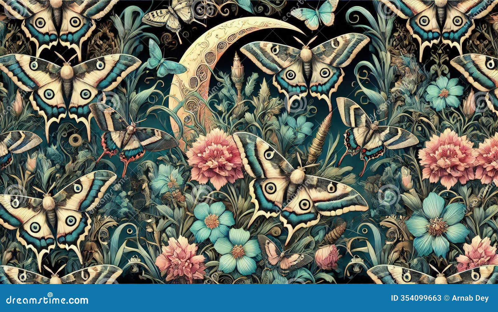 Gothic Garden Pattern with Butterflies, Moths, Flowers, Crescent Moon ...