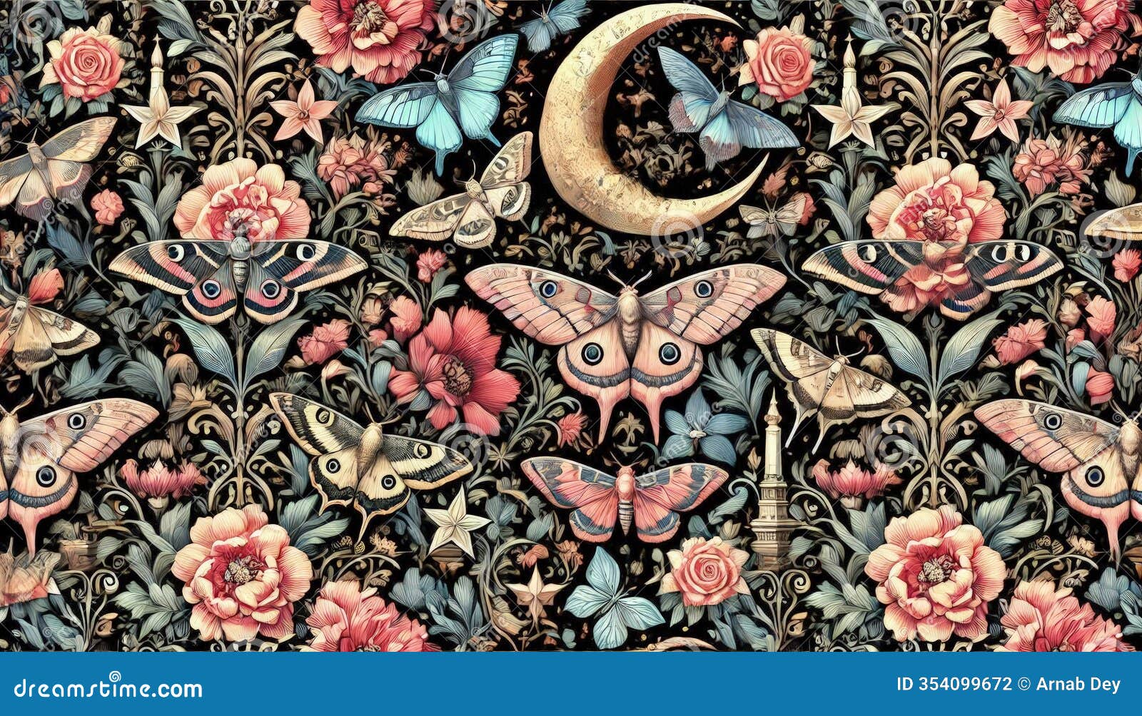 Gothic Garden Pattern with Butterflies, Moths, Flowers, Crescent Moon ...