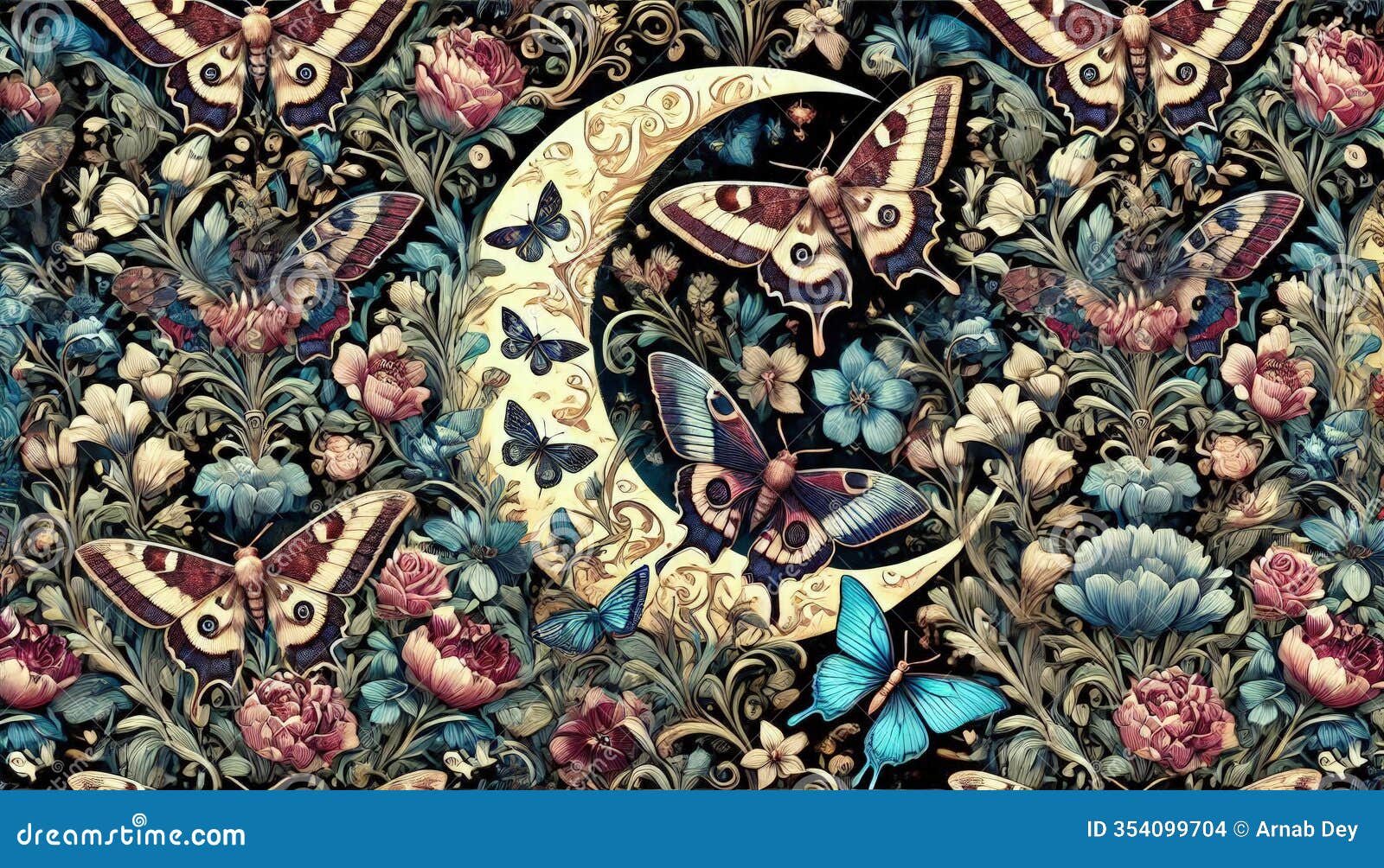 Gothic Garden Pattern with Butterflies, Moths, Flowers, Crescent Moon ...