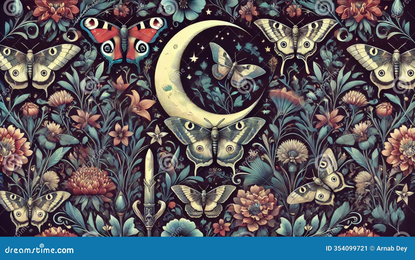 Gothic Garden Pattern with Butterflies, Moths, Flowers, Crescent Moon ...