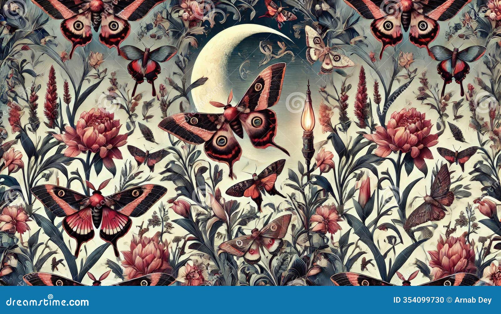 Gothic Garden Pattern with Butterflies, Moths, Flowers, Crescent Moon ...