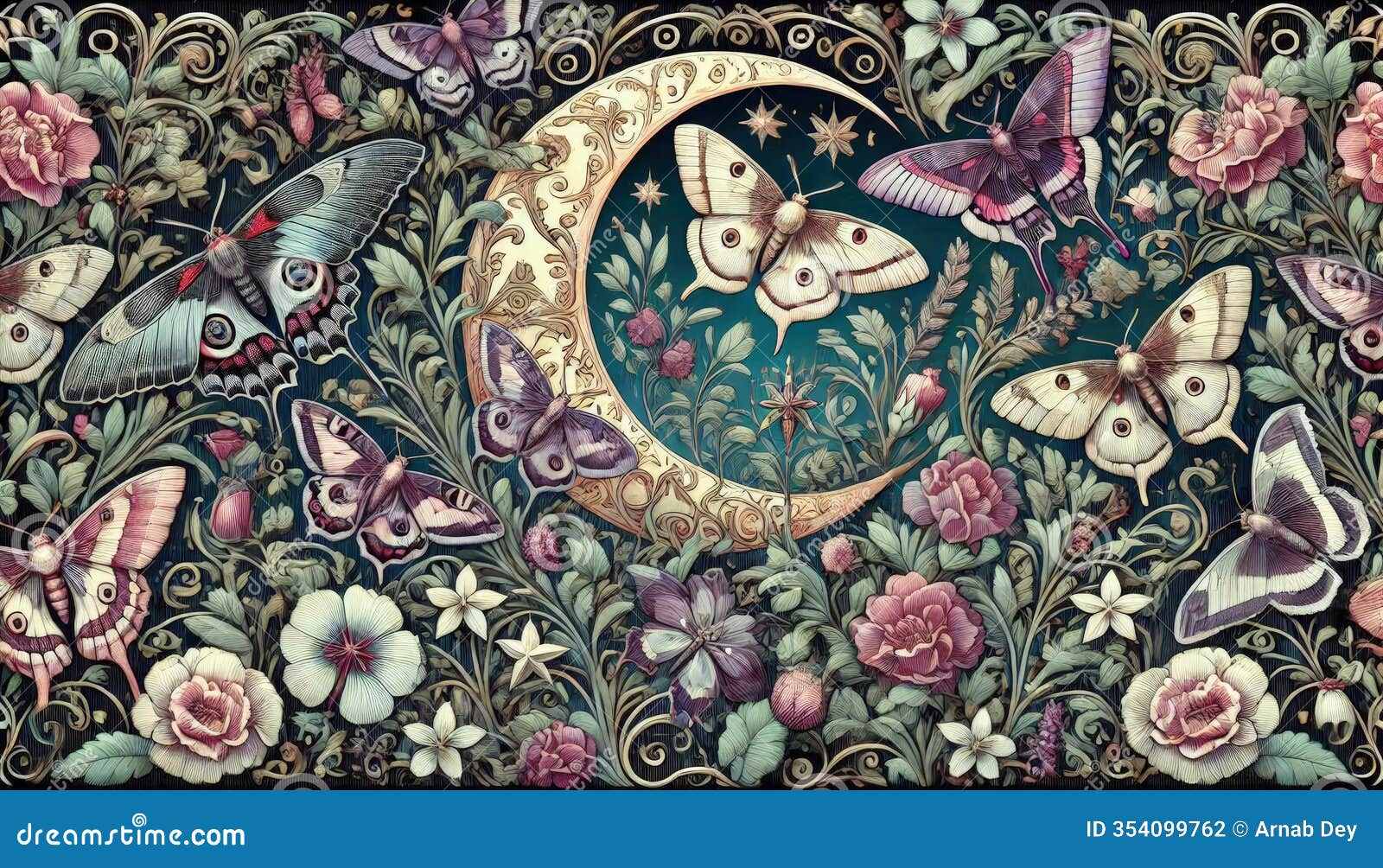 Gothic Garden Pattern with Butterflies, Moths, Flowers, Crescent Moon ...