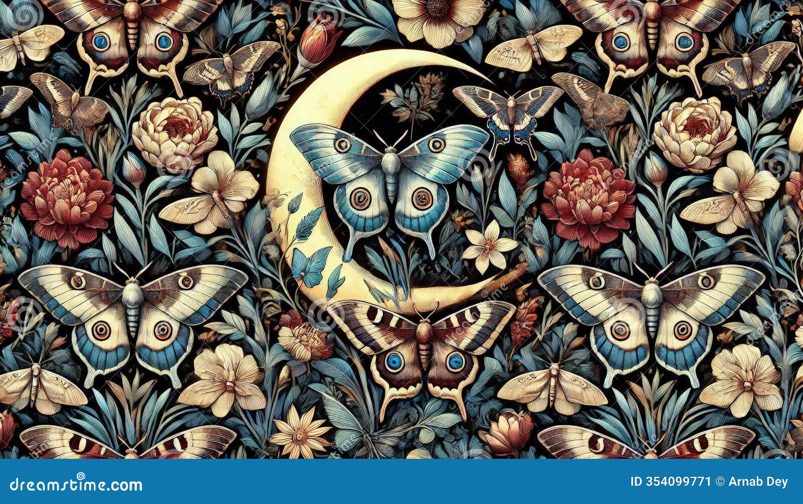 Gothic Garden Pattern with Butterflies, Moths, Flowers, Crescent Moon ...
